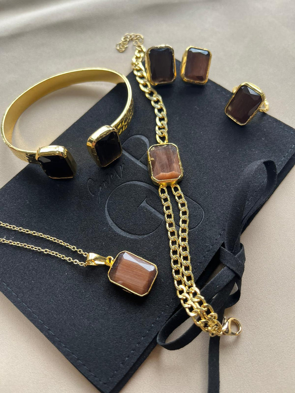 Brown Rectangle Cat Eye 5 Piece Set – opujewels